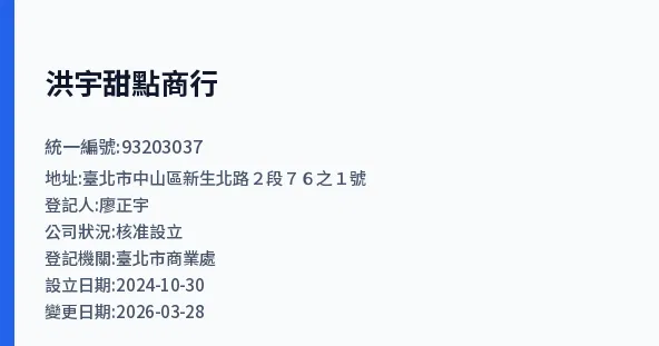 洪宇甜點商行的照片-統編 93203037(臺北市) 公司登記資料與營業項目詳細圖表