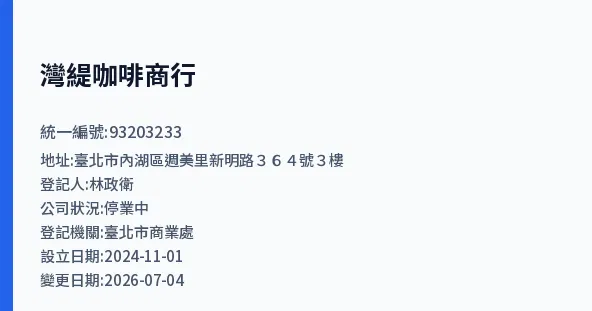 灣緹咖啡商行的照片-統編 93203233(臺北市) 公司登記資料與營業項目詳細圖表