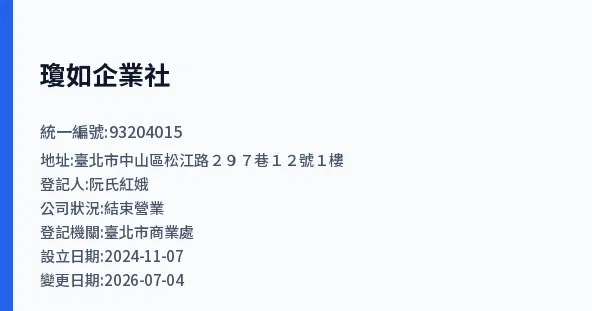 瓊如企業社的照片-統編 93204015(臺北市) 公司登記資料與營業項目詳細圖表