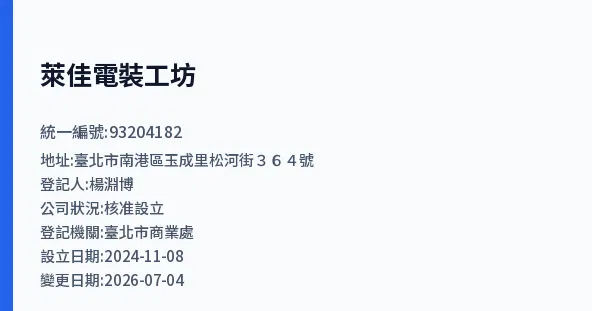 萊佳電裝工坊的照片-統編 93204182(臺北市) 公司登記資料與營業項目詳細圖表