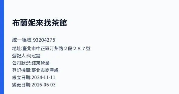 布蘭妮來找茶館的照片-統編 93204275(臺北市) 公司登記資料與營業項目詳細圖表