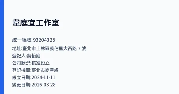 韋庭宜工作室的照片-統編 93204325(臺北市) 公司登記資料與營業項目詳細圖表