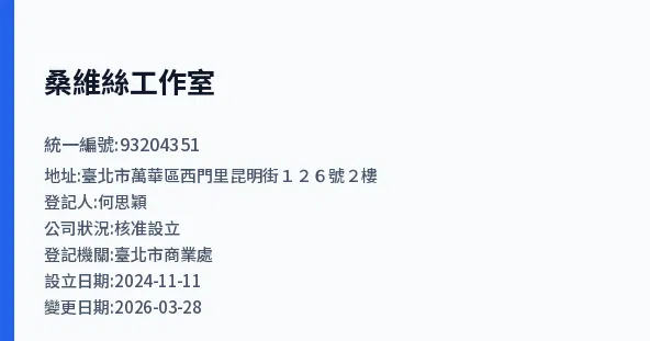 桑維絲工作室的照片-統編 93204351(臺北市) 公司登記資料與營業項目詳細圖表