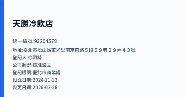 天勝冷飲店的照片-統編 93204578(臺北市) 公司登記資料與營業項目詳細圖表