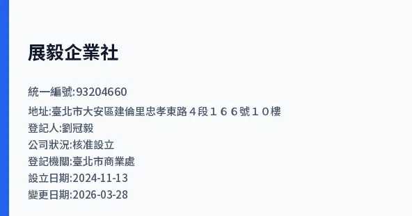 展毅企業社的照片-統編 93204660(臺北市) 公司登記資料與營業項目詳細圖表
