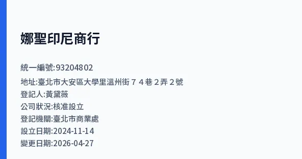 娜聖印尼商行的照片-統編 93204802(臺北市) 公司登記資料與營業項目詳細圖表
