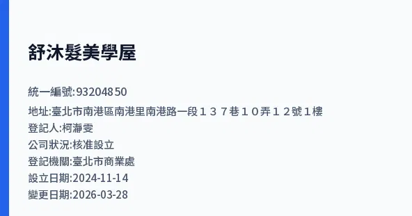 舒沐髮美學屋的照片-統編 93204850(臺北市) 公司登記資料與營業項目詳細圖表