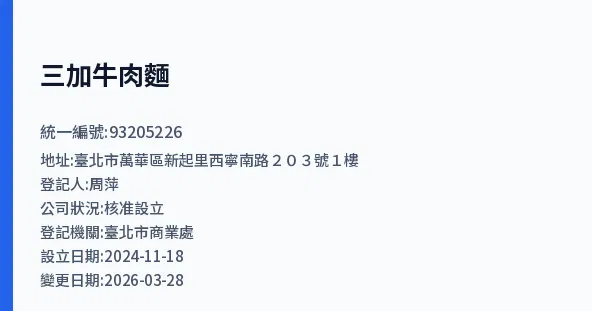 三加牛肉麵的照片-統編 93205226(臺北市) 公司登記資料與營業項目詳細圖表