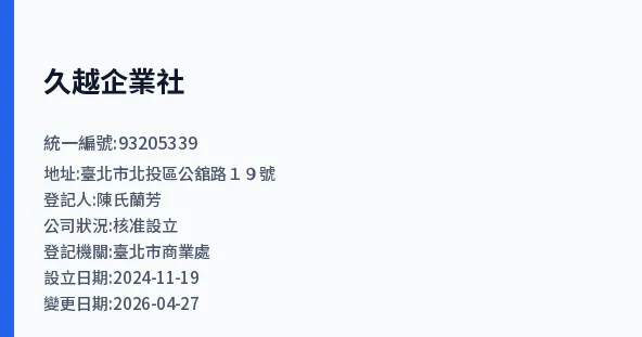 久越企業社的照片-統編 93205339(臺北市) 公司登記資料與營業項目詳細圖表
