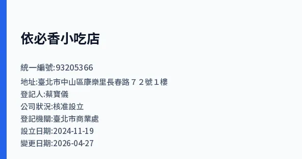依必香小吃店的照片-統編 93205366(臺北市) 公司登記資料與營業項目詳細圖表