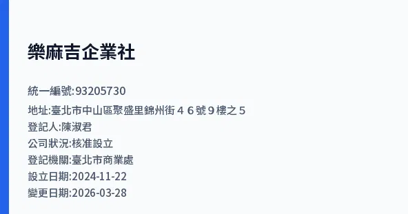 樂麻吉企業社的照片-統編 93205730(臺北市) 公司登記資料與營業項目詳細圖表