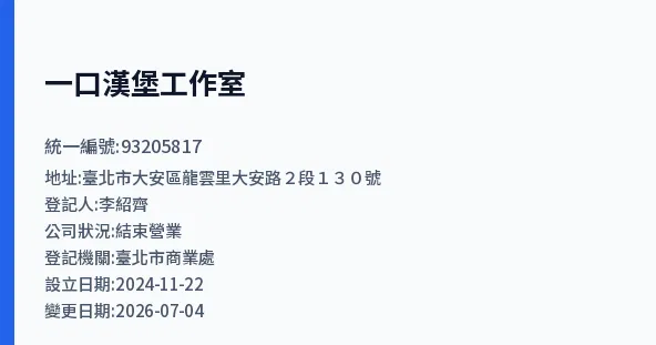 一口漢堡工作室的照片-統編 93205817(臺北市) 公司登記資料與營業項目詳細圖表