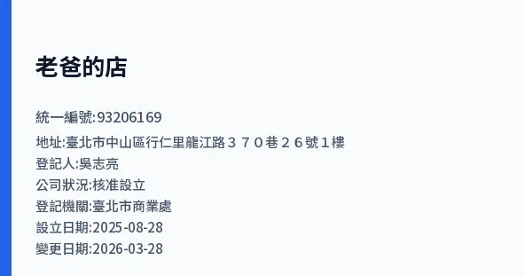 老爸的店的照片-統編 93206169(臺北市) 公司登記資料與營業項目詳細圖表