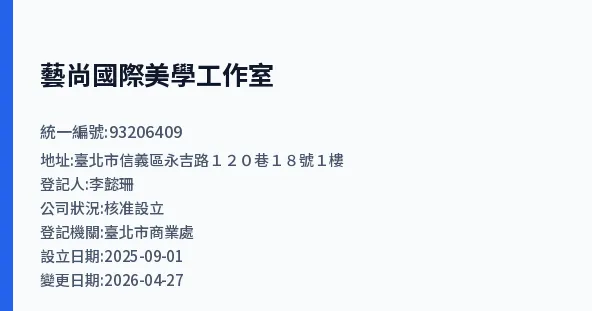 藝尚國際美學工作室的照片-統編 93206409(臺北市) 公司登記資料與營業項目詳細圖表