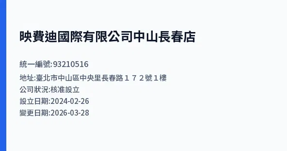 映費迪國際有限公司中山長春店的照片-統編 93210516(臺北市) 公司登記資料與營業項目詳細圖表