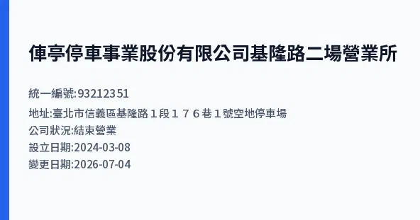俥亭停車事業股份有限公司基隆路二場營業所的照片-統編 93212351(臺北市) 公司登記資料與營業項目詳細圖表