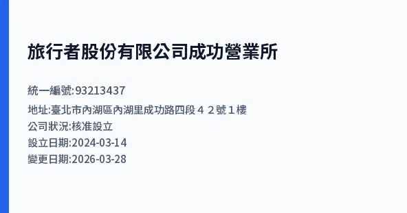 旅行者股份有限公司成功營業所的照片-統編 93213437(臺北市) 公司登記資料與營業項目詳細圖表