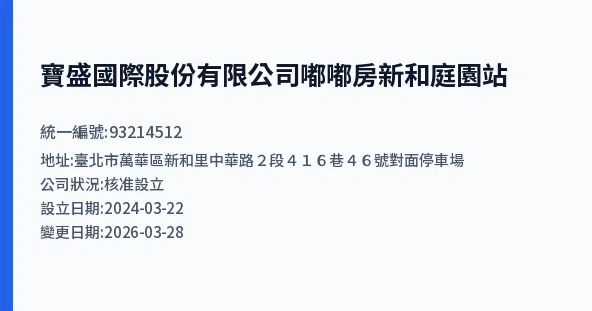 寶盛國際股份有限公司嘟嘟房新和庭園站的照片-統編 93214512(臺北市) 公司登記資料與營業項目詳細圖表