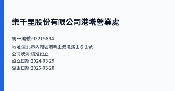 樂千里股份有限公司港墘營業處的照片-統編 93215694(臺北市) 公司登記資料與營業項目詳細圖表