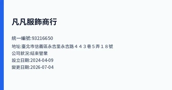 凡凡服飾商行的照片-統編 93216650(臺北市) 公司登記資料與營業項目詳細圖表