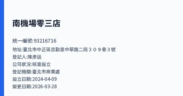 南機場零三店的照片-統編 93216716(臺北市) 公司登記資料與營業項目詳細圖表