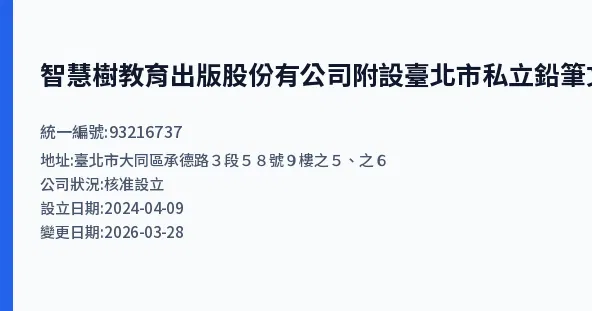 智慧樹教育出版股份有公司附設臺北市私立鉛筆文理短期補習班的照片-統編 93216737(臺北市) 公司登記資料與營業項目詳細圖表