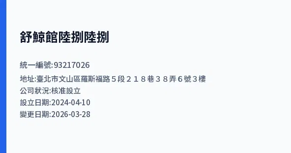 舒鯨館陸捌陸捌的照片-統編 93217026(臺北市) 公司登記資料與營業項目詳細圖表
