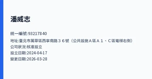 潘威志的照片-統編 93217840(臺北市) 公司登記資料與營業項目詳細圖表