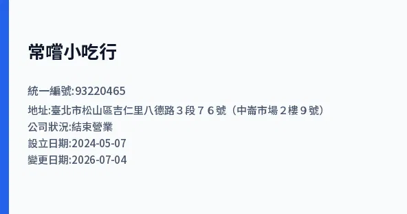 常嚐小吃行的照片-統編 93220465(臺北市) 公司登記資料與營業項目詳細圖表
