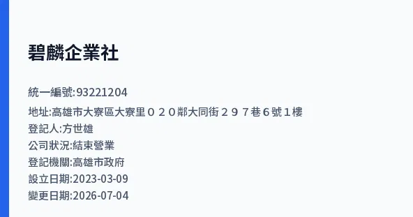 碧麟企業社的照片-統編 93221204(高雄市) 公司登記資料與營業項目詳細圖表