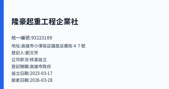 隆豪起重工程企業社的照片-統編 93223189(高雄市) 公司登記資料與營業項目詳細圖表