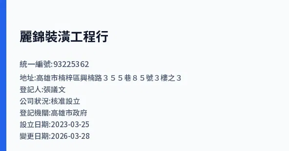麗錦裝潢工程行的照片-統編 93225362(高雄市) 公司登記資料與營業項目詳細圖表