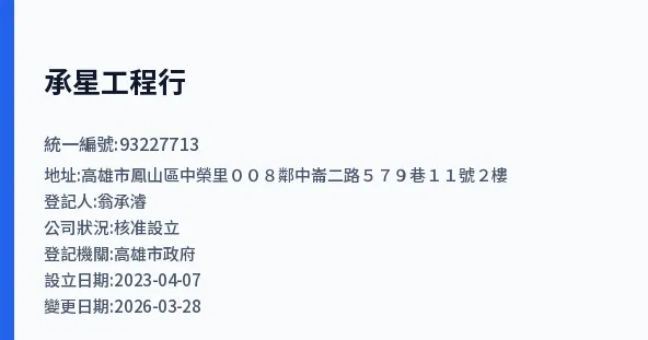 承星工程行的照片-統編 93227713(高雄市) 公司登記資料與營業項目詳細圖表
