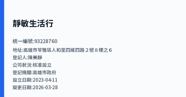 靜敏生活行的照片-統編 93228760(高雄市) 公司登記資料與營業項目詳細圖表