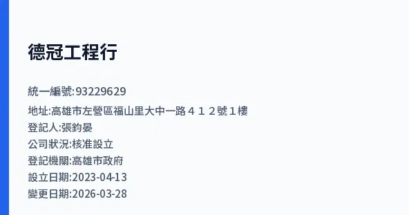 德冠工程行的照片-統編 93229629(高雄市) 公司登記資料與營業項目詳細圖表