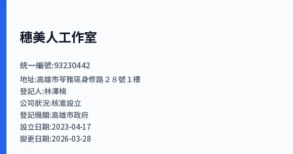 穗美人工作室的照片-統編 93230442(高雄市) 公司登記資料與營業項目詳細圖表