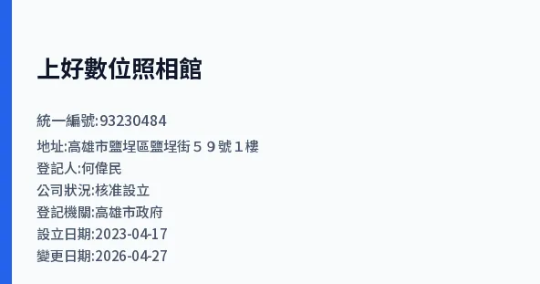 上好數位照相館的照片-統編 93230484(高雄市) 公司登記資料與營業項目詳細圖表