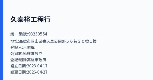 久泰裕工程行的照片-統編 93230554(高雄市) 公司登記資料與營業項目詳細圖表