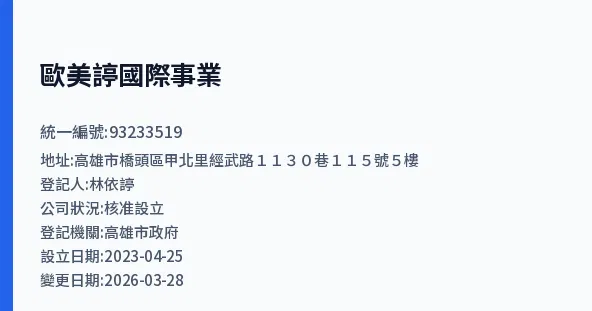 歐美諪國際事業的照片-統編 93233519(高雄市) 公司登記資料與營業項目詳細圖表