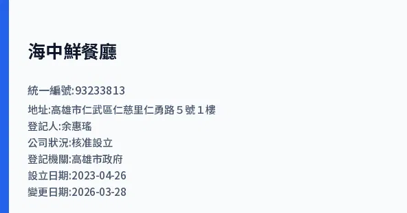 海中鮮餐廳的照片-統編 93233813(高雄市) 公司登記資料與營業項目詳細圖表