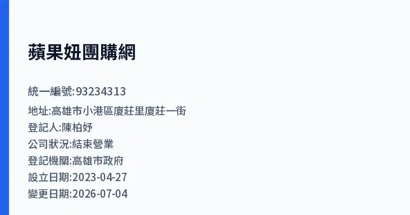 蘋果妞團購網的照片-統編 93234313(高雄市) 公司登記資料與營業項目詳細圖表