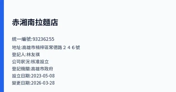 赤湘南拉麵店的照片-統編 93236255(高雄市) 公司登記資料與營業項目詳細圖表
