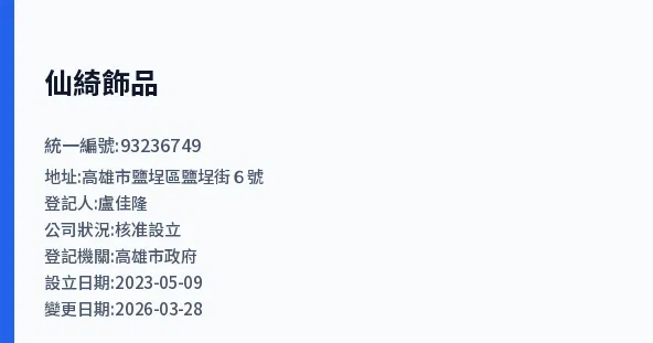 仙綺飾品的照片-統編 93236749(高雄市) 公司登記資料與營業項目詳細圖表