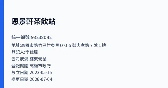 恩景軒茶飲站的照片-統編 93238042(高雄市) 公司登記資料與營業項目詳細圖表