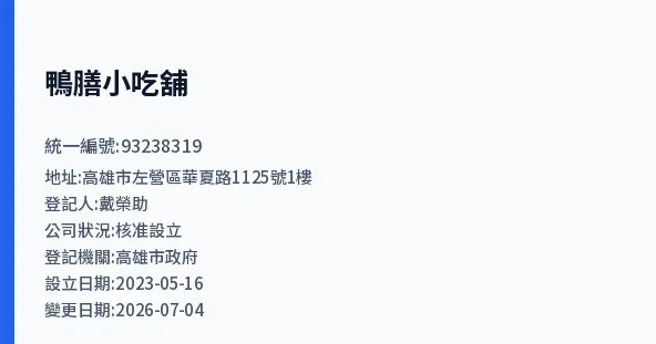 鴨膳小吃舖的照片-統編 93238319(高雄市) 公司登記資料與營業項目詳細圖表