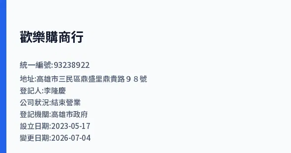 歡樂購商行的照片-統編 93238922(高雄市) 公司登記資料與營業項目詳細圖表