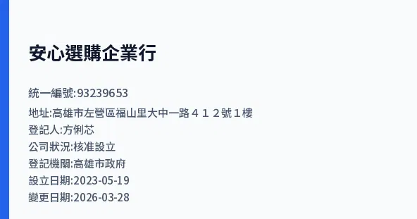 安心選購企業行的照片-統編 93239653(高雄市) 公司登記資料與營業項目詳細圖表