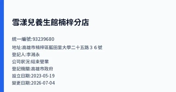 雪漾兒養生館楠梓分店的照片-統編 93239680(高雄市) 公司登記資料與營業項目詳細圖表