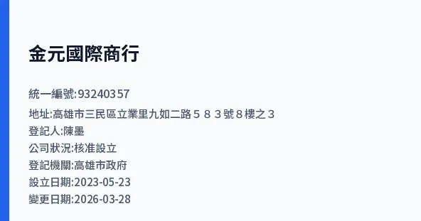 金元國際商行的照片-統編 93240357(高雄市) 公司登記資料與營業項目詳細圖表