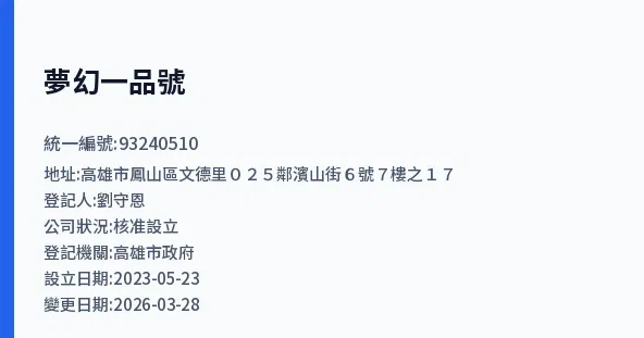 夢幻一品號的照片-統編 93240510(高雄市) 公司登記資料與營業項目詳細圖表